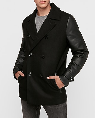 Mens Pea Coat With Leather Sleeves - Tradingbasis
