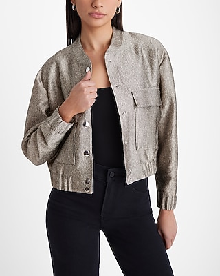 Metallic Patch Pocket Cropped Bomber Jacket