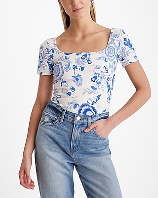 Body Contour Floral Stretch Cotton Square Neck Bodysuit