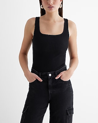 Body Contour Black Denim Square Neck Bodysuit