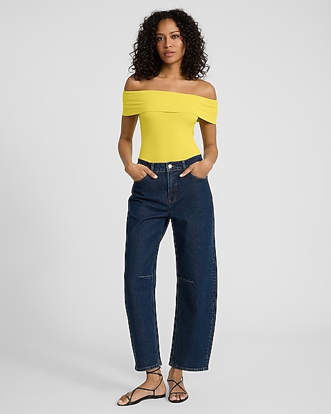 Fitted Ribbed Off The Shoulder Overlay Top | Express Fitted Ribbed Off The Shoulder Overlay Top | Express