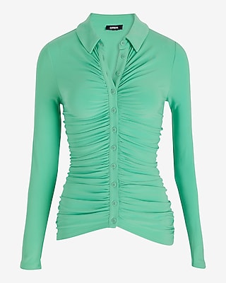 Ruched Long Sleeve Button Up Polo Top