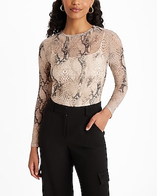 Fitted Mesh Snakeskin Crew Neck Long Sleeve Tee