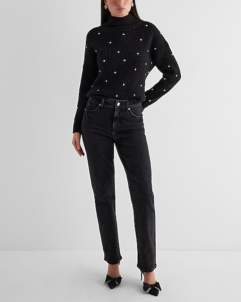 High Waisted Black Rhinestone Button Modern Straight Jeans High Waisted Black Rhinestone Button Modern Straight Jeans
