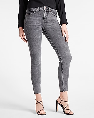 Mid Rise Gray Wash Raw Hem Skinny Jeans by Express
