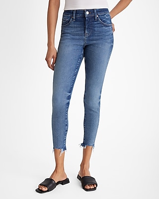 Mid Rise Medium Wash Raw Hem Cropped Skinny Jeans
