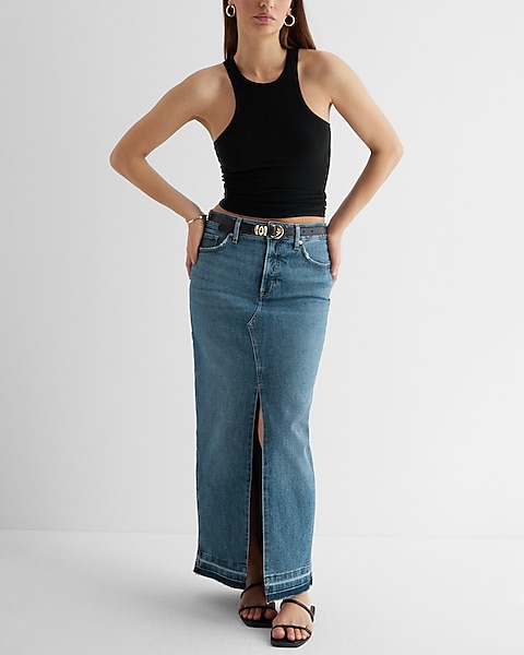 High Waisted Drop Hem Front Slit Maxi Denim Skirt | Express High Waisted Drop Hem Front Slit Maxi Denim Skirt | Express