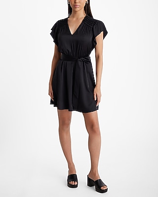 Satin V-Neck Flutter Sleeve Tie Waist Mini Dress