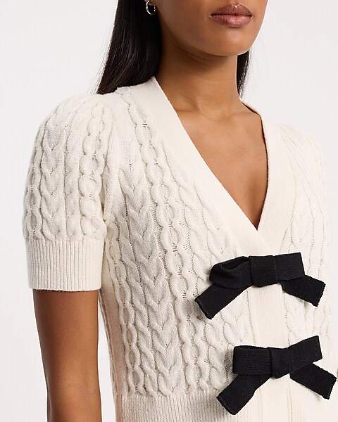Cable Knit Double Bow Short Sleeve Cardigan | Express Cable Knit Double Bow Short Sleeve Cardigan | Express