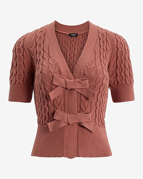 Cable Knit Double Bow Short Sleeve Cardigan | Express Cable Knit Double Bow Short Sleeve Cardigan | Express