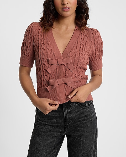 Cable Knit Double Bow Short Sleeve Cardigan | Express Cable Knit Double Bow Short Sleeve Cardigan | Express