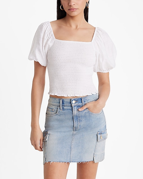 Square Neck Puff Sleeve Smocked Top | Express Square Neck Puff Sleeve Smocked Top | Express