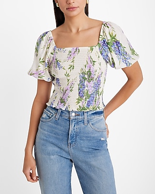 Floral Square Neck Puff Sleeve Smocked Top