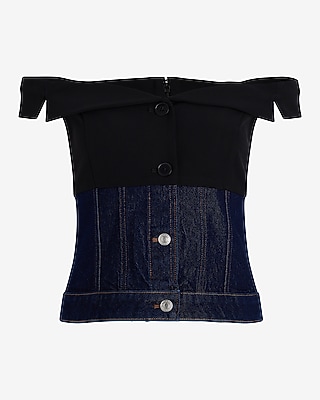 Denim Twill Off The Shoulder Faux Button Front Corset Top