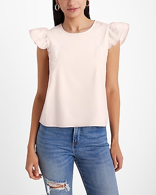 Poplin Embroidered Flutter Sleeve Top