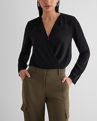 Satin V-Neck Long Sleeve Faux Wrap Bodysuit