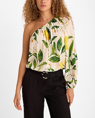 Lemon Floral One Shoulder Balloon Sleeve Ruched Top | Express Lemon Floral One Shoulder Balloon Sleeve Ruched Top | Express