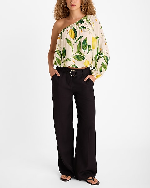 Lemon Floral One Shoulder Balloon Sleeve Ruched Top | Express Lemon Floral One Shoulder Balloon Sleeve Ruched Top | Express