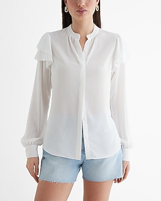 Relaxed Gathered Neck Ruffle Shoulder Portofino Shirt
