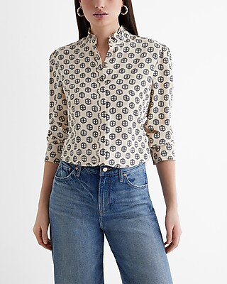 Printed Ruffle Neck Portofino Shirt